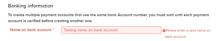 Please Enter a Valid Name On Bank Account Error