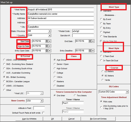 Meet Set-Up Screen for Swimming Meet Manager